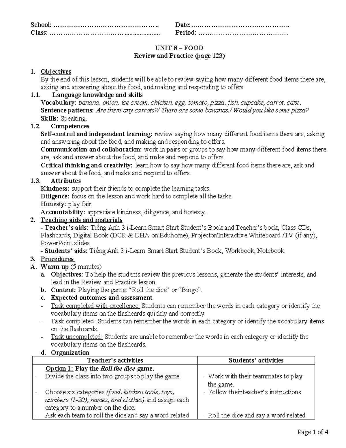 Unit 8: Food Review & Practice - Speaking Skills (Page 123) - Studocu