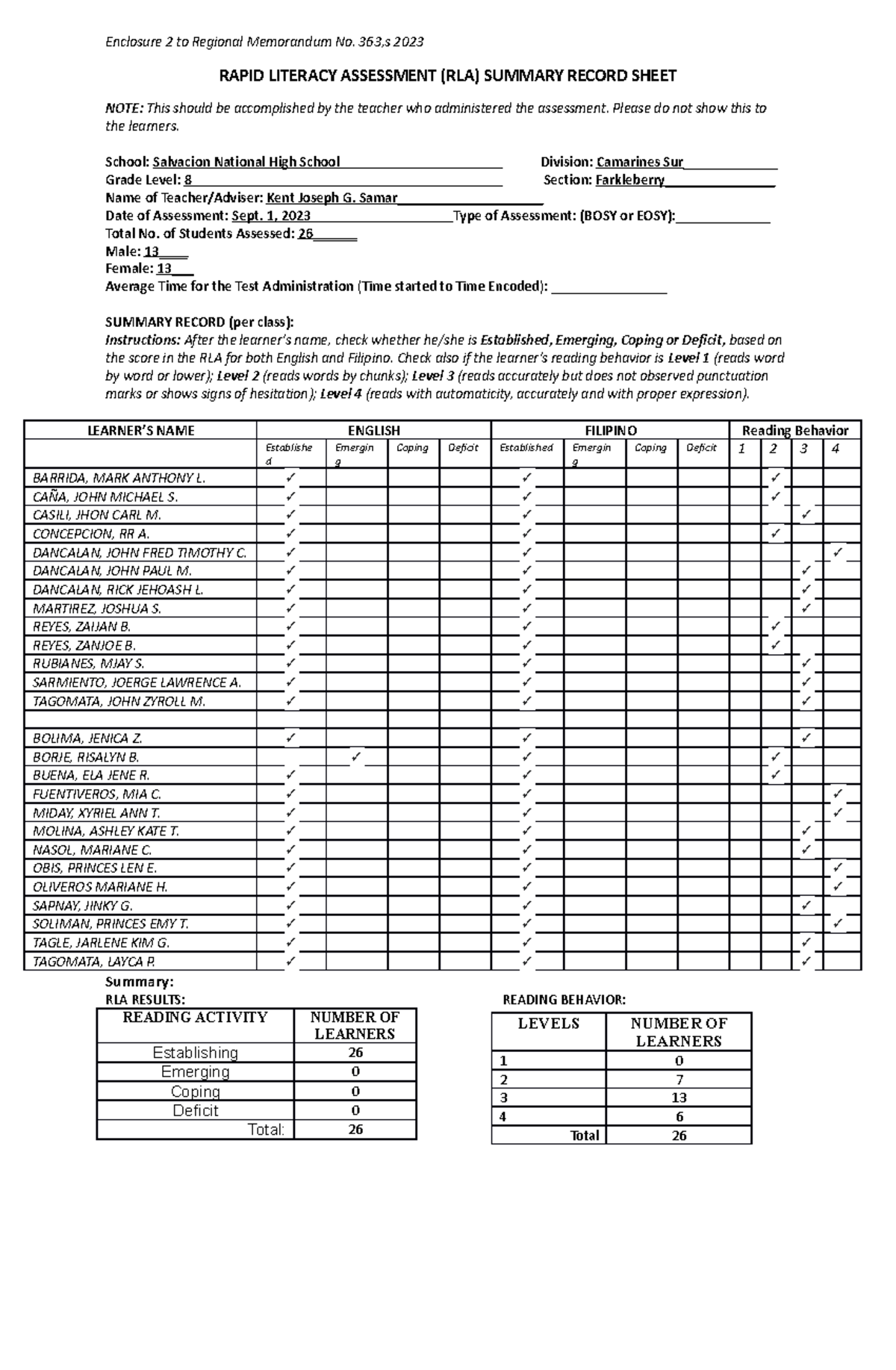RLA Summary Record Sheet for Grade 8 - Salvacion National High School ...