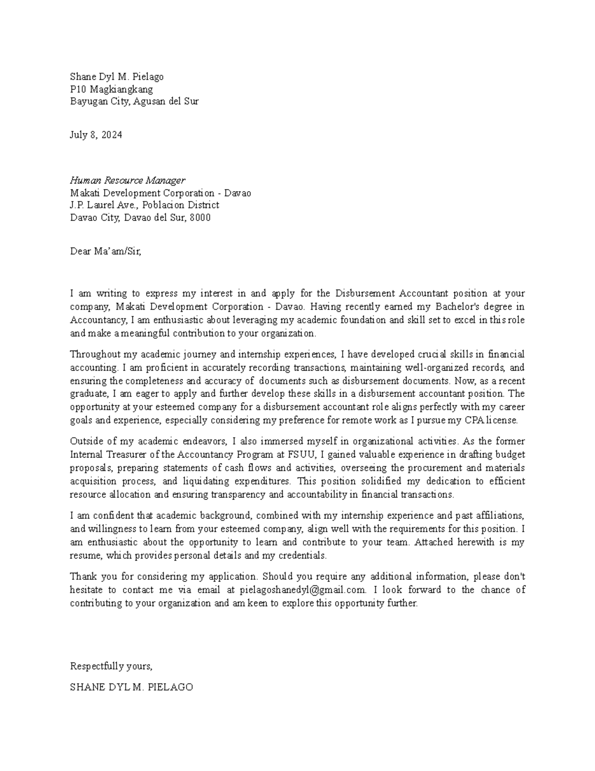 Cover- Letter Pielago - Shane Dyl M. Pielago P 10 Magkiangkang Bayugan ...