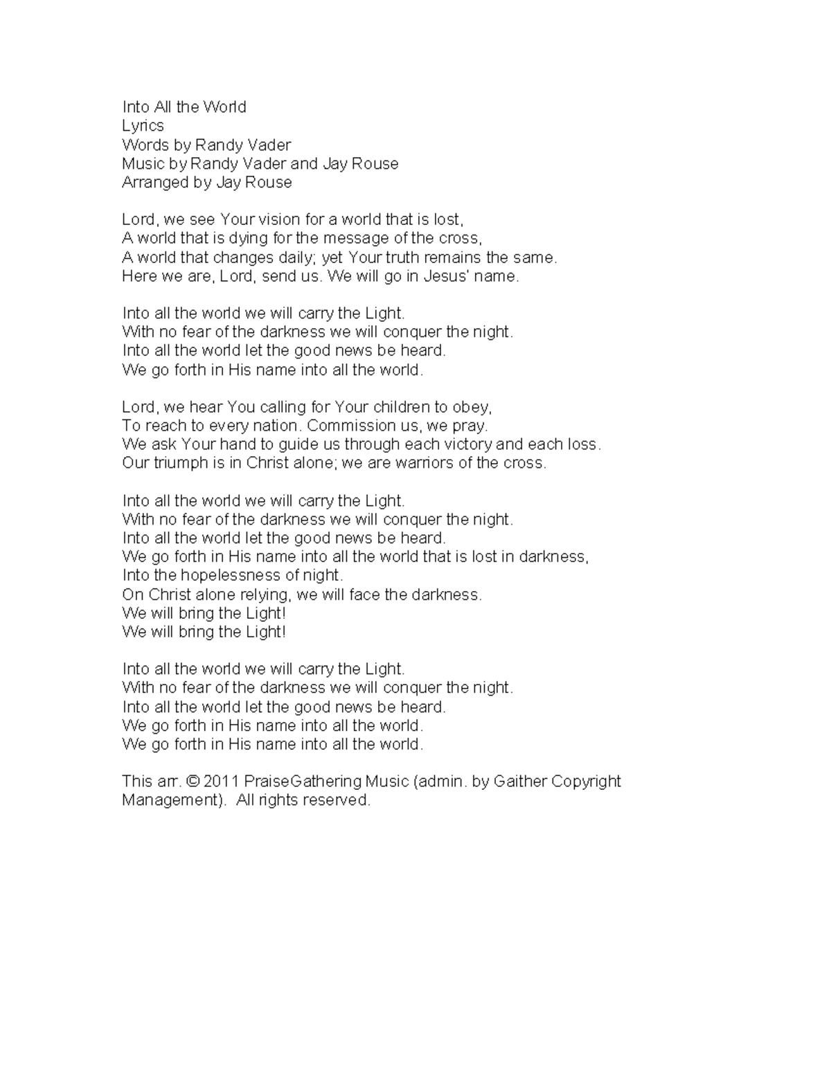 Lyrics - Into All the World by Randy Vader & Jay Rouse - Studocu