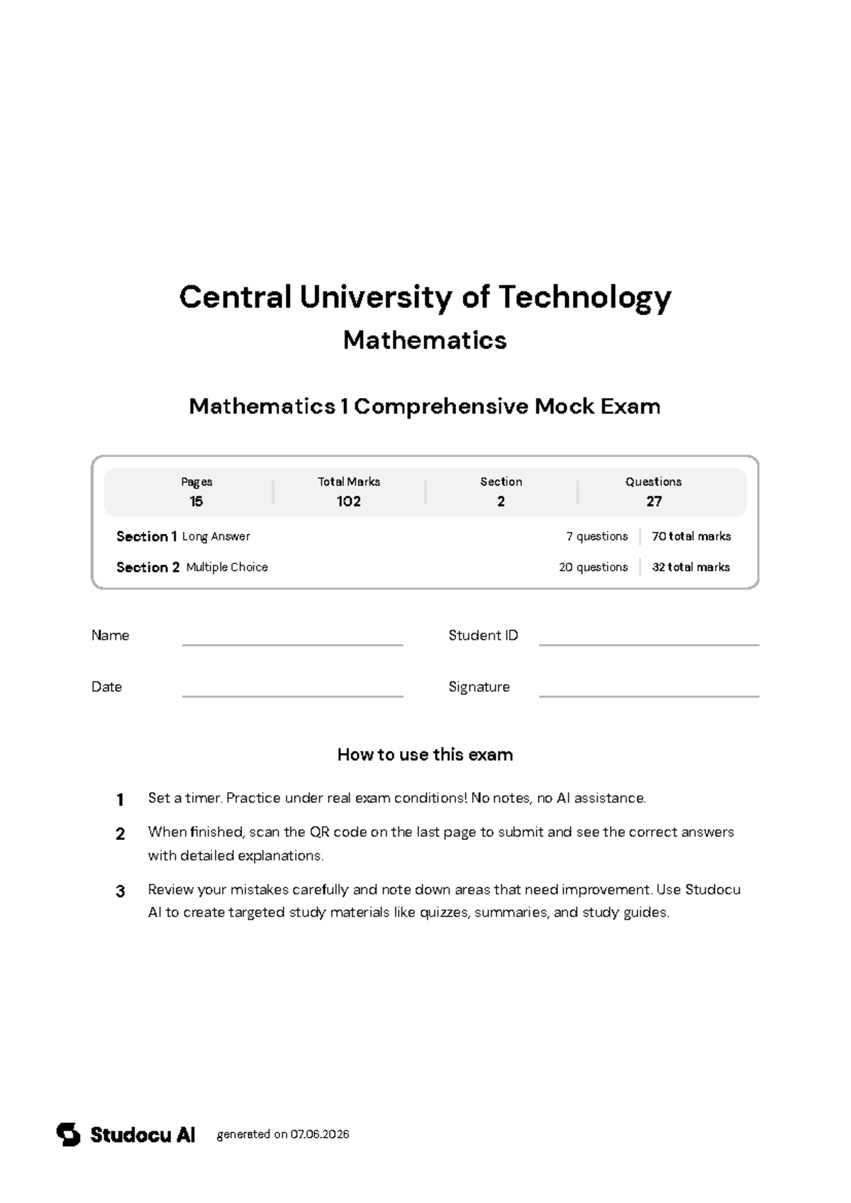 Mathematics 1 Comprehensive Mock Exam - Studocu