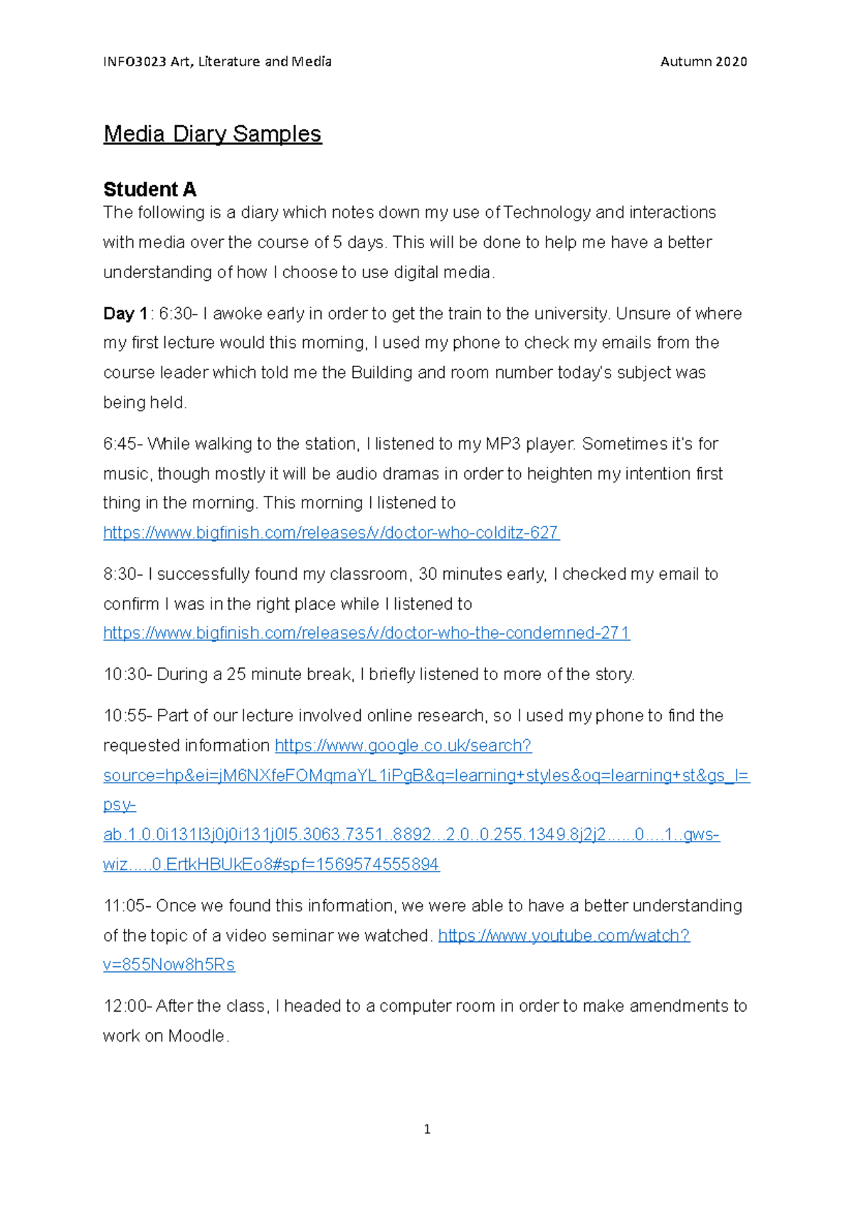 Media Diary Samples: Reflections on Daily Tech & Media Usage - Studocu