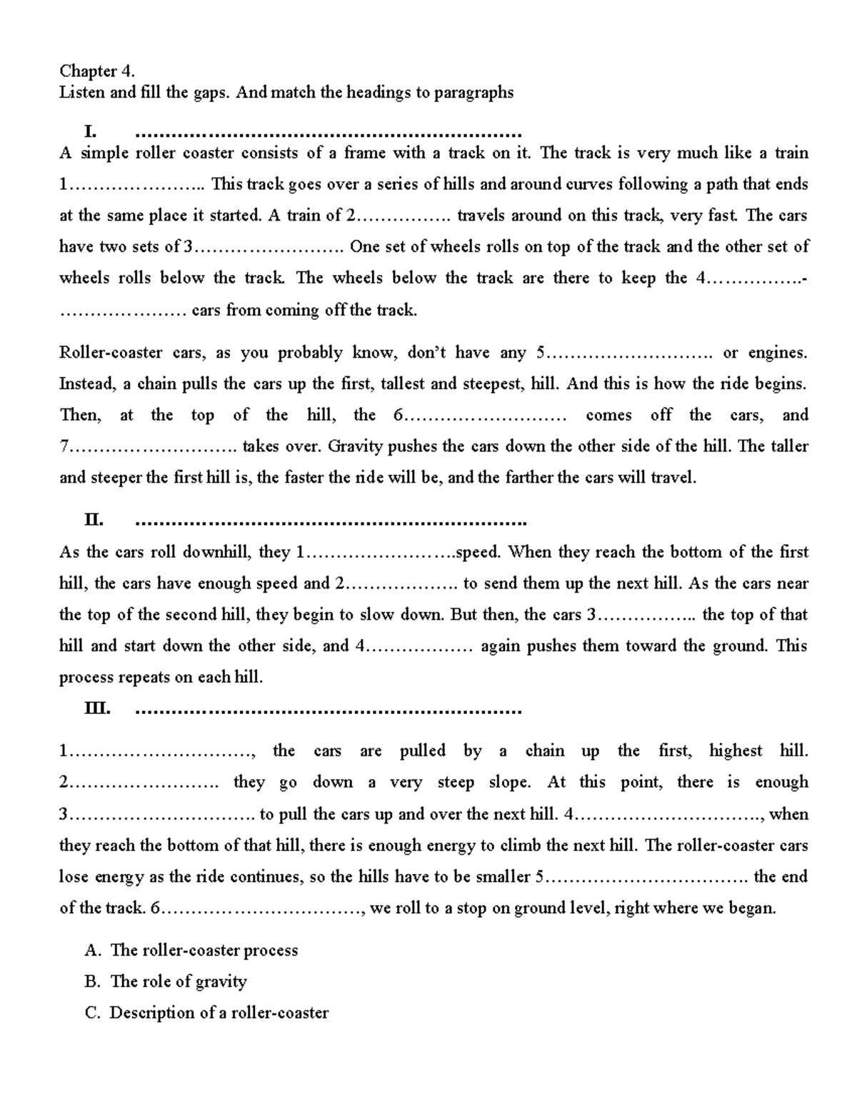 Chapter 4: Description of a Roller Coaster - Fill the Gaps & Match ...