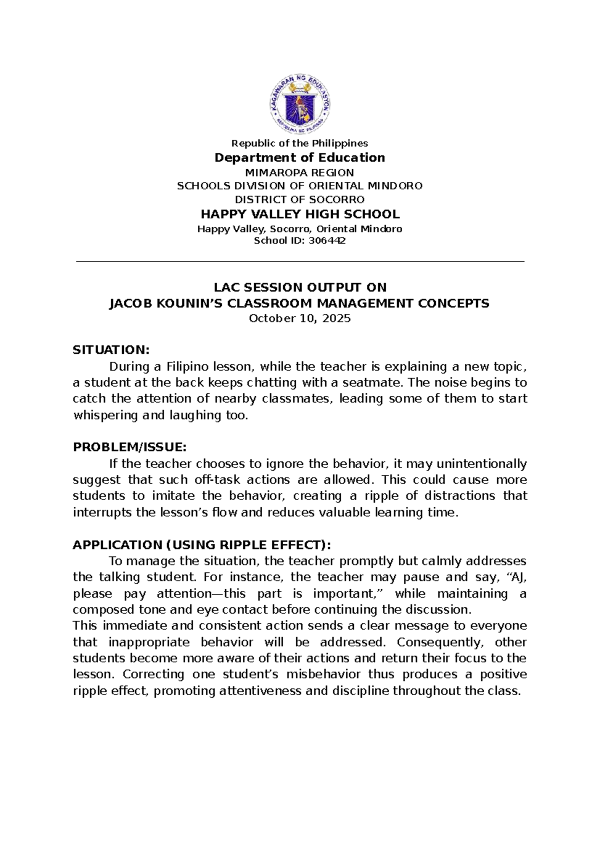 LAC Session Output on Classroom Management Concepts - JACOB - Studocu