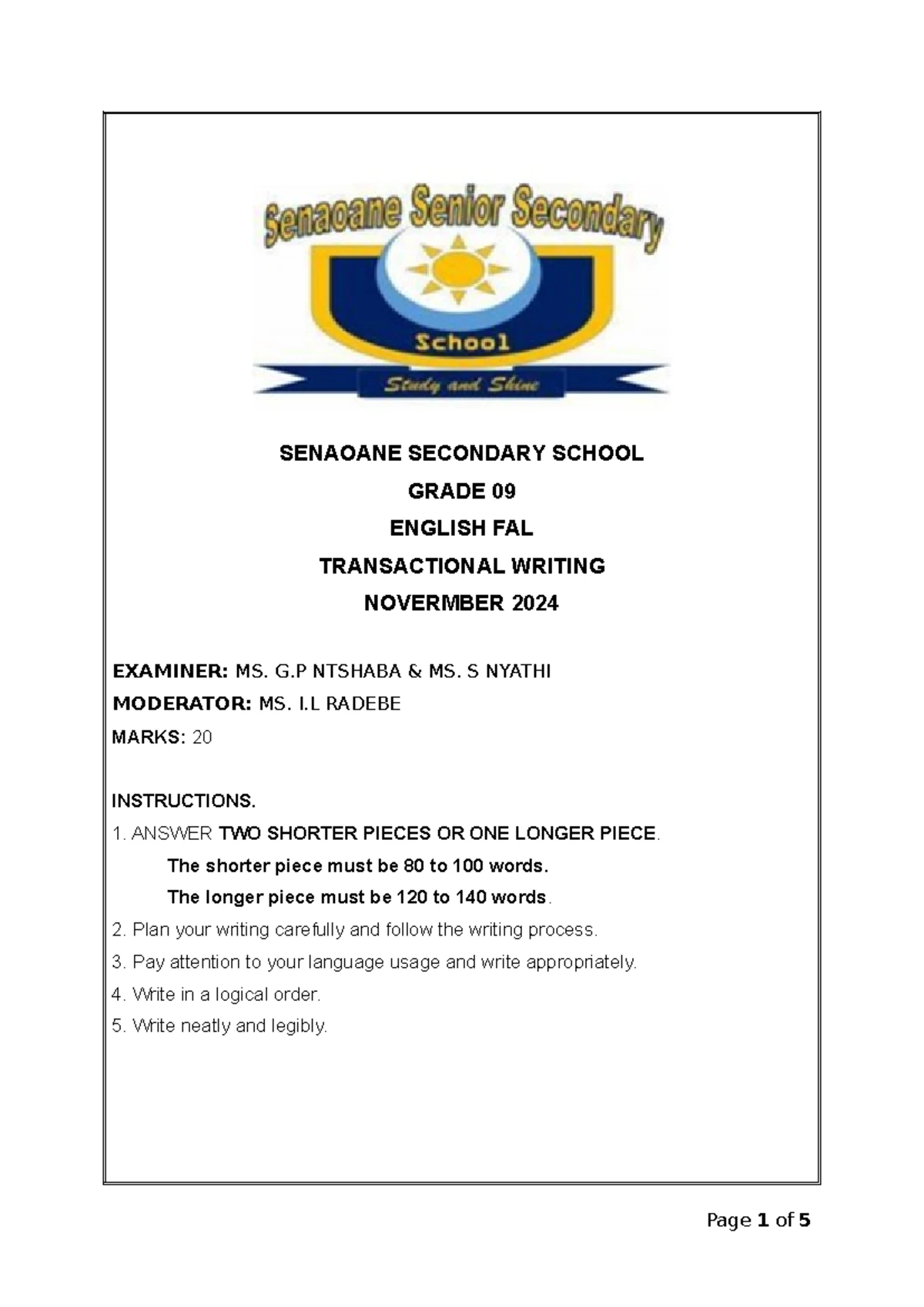 Grade 09 English FAL NOV 2024 Transactional Writing Guide - Studocu