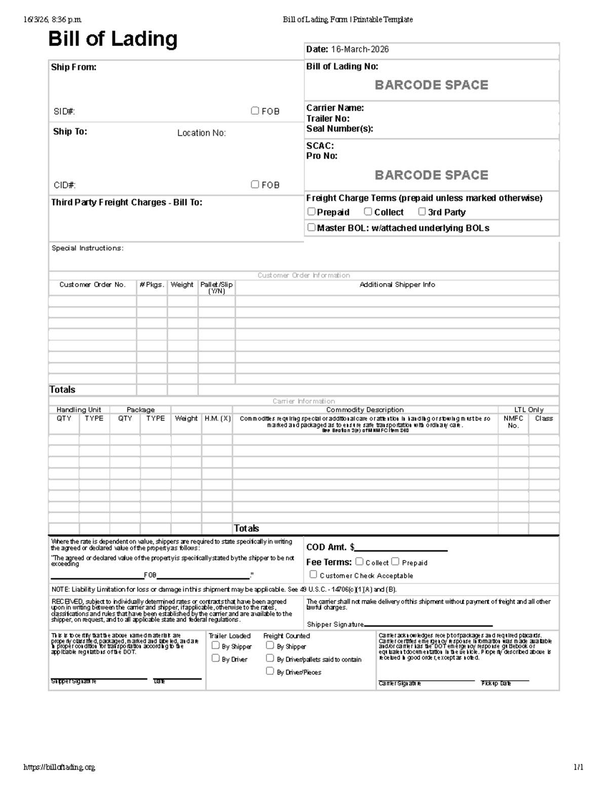 Bill of Lading Form Template for Shipping Documentation - Studocu