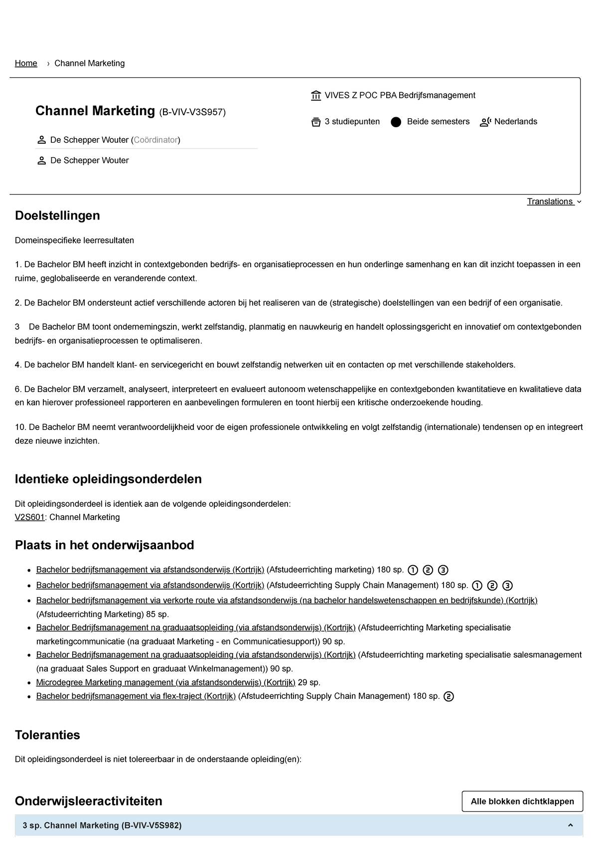 Channel Marketing VIVES Z POC PBA Bedrijfsmanagement 3 Studiepunten ...