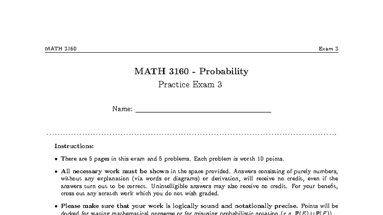 MATH 3160 Exam 3 Practice Solutions and Detailed Explanations - Studocu