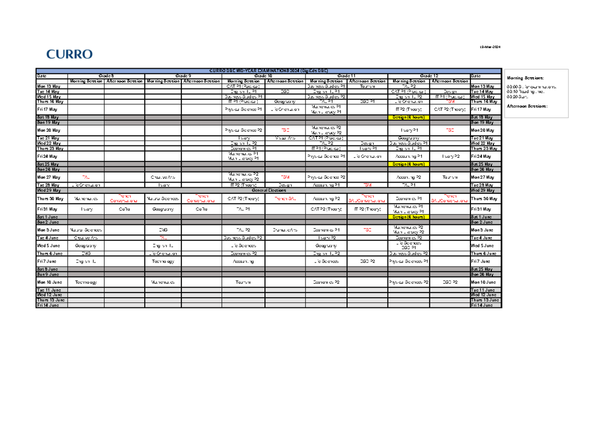 Digi Ed Exam Schedule 2024 Final - Curro DBE June Sessions - Studocu