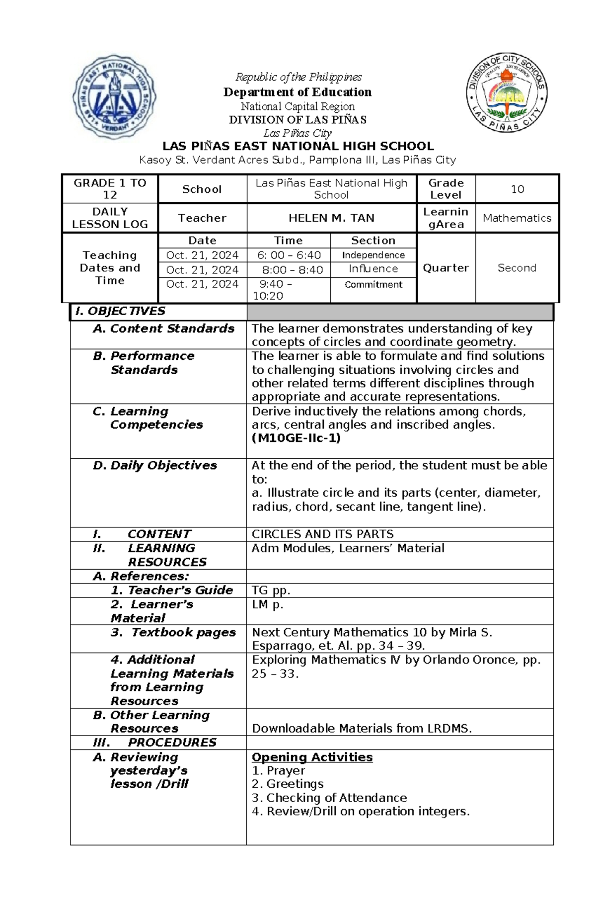 DLL - Circles and Its Parts - Grade 10 Mathematics - Studocu