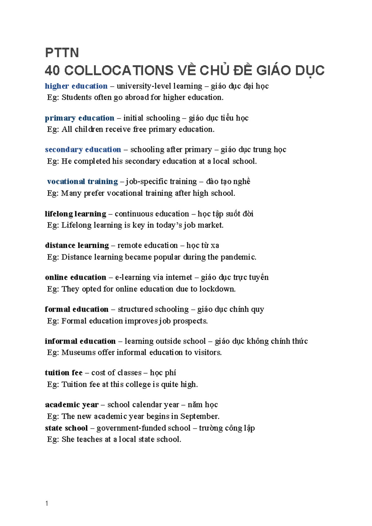 PTTN: 40 Collocations Về Chủ Đề Giáo Dục - Studocu