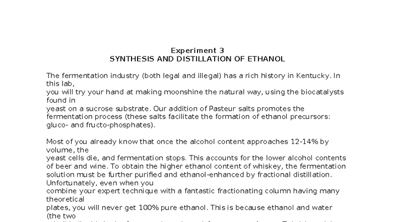 Experiment 3: Synthesis & Distillation of Ethanol in Lab - Studocu