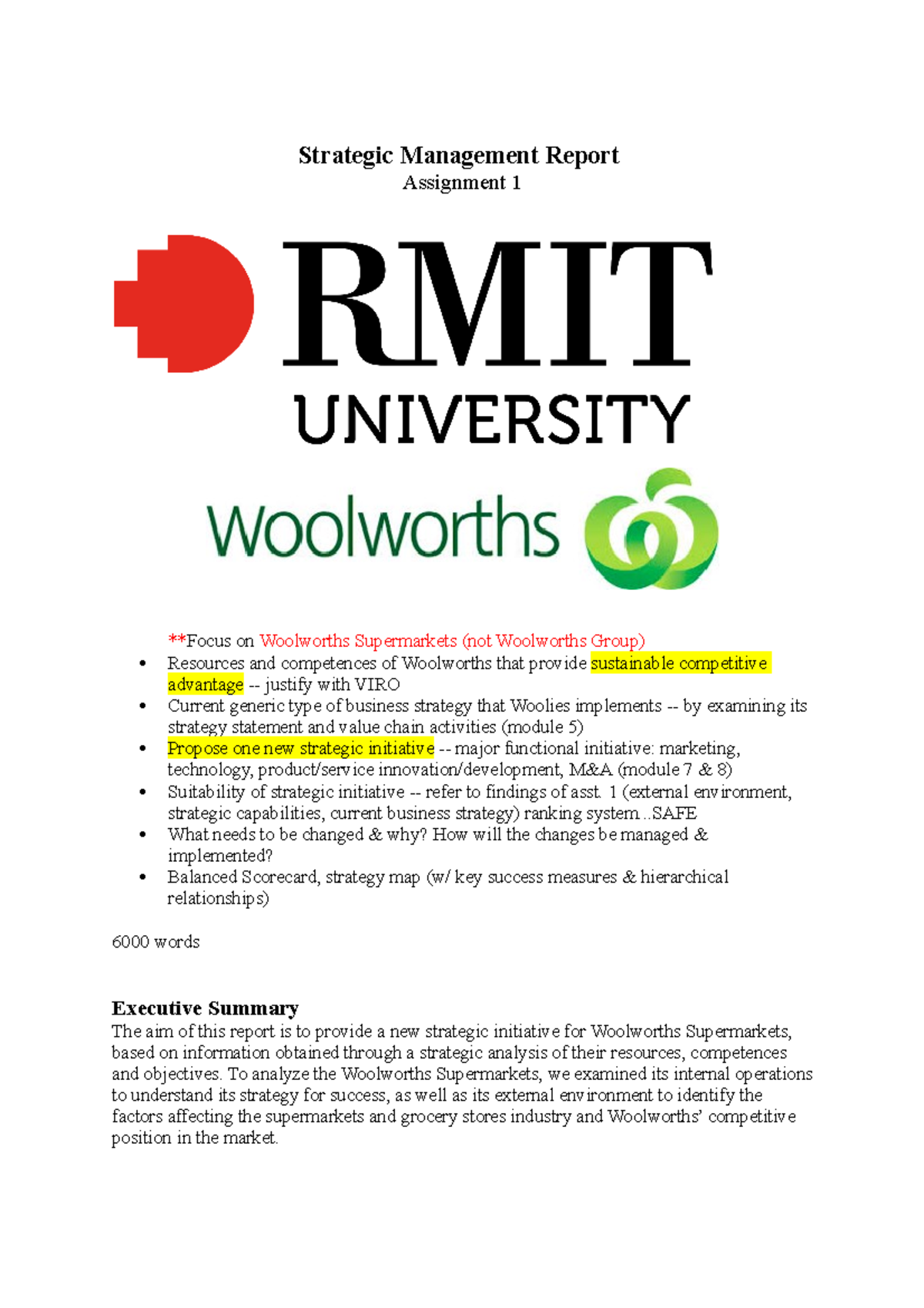 Sm - Woolworths - Strategic Management Report Assignment 1 **Focus on ...