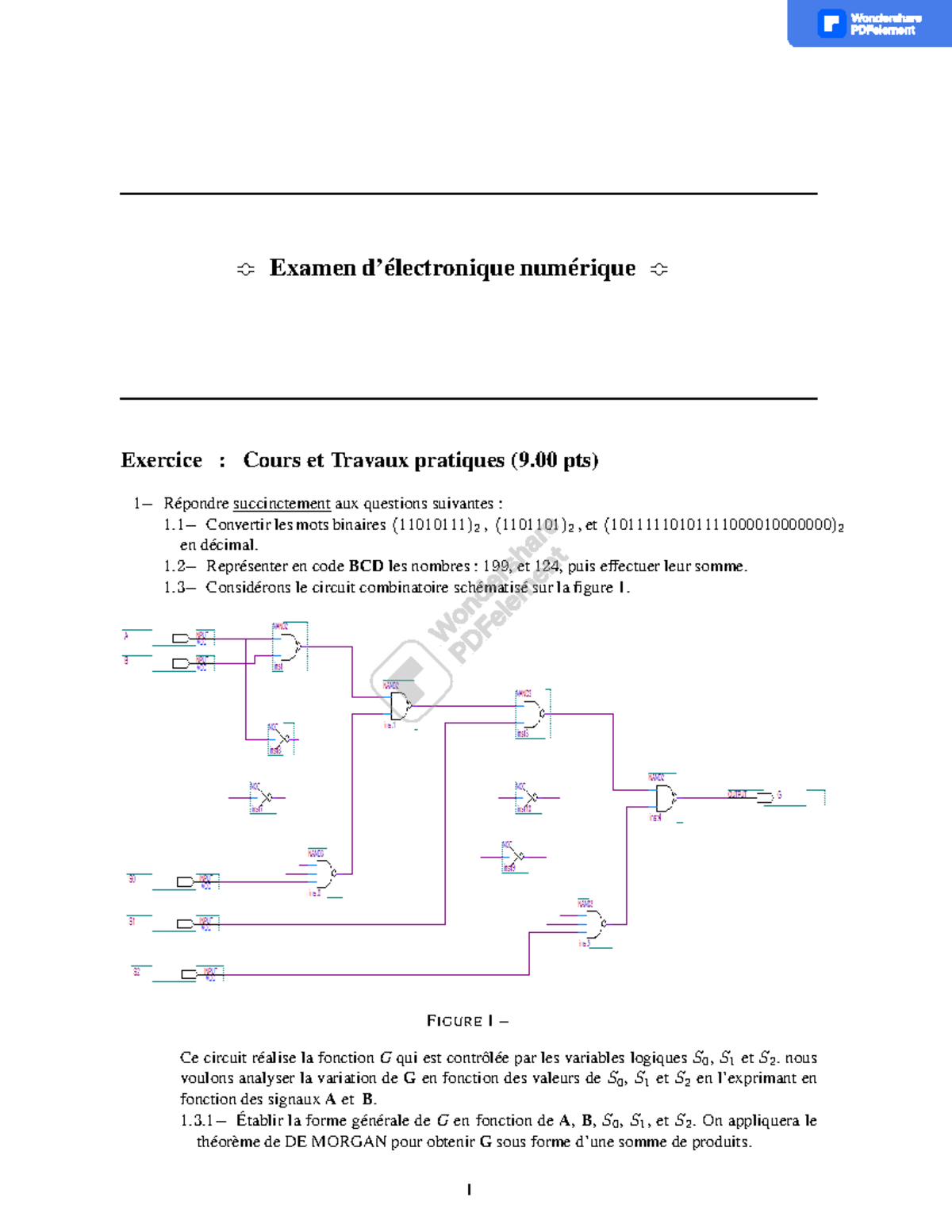 Examen Final d'Électronique Numérique - Cours et Travaux Pratiques - Studocu