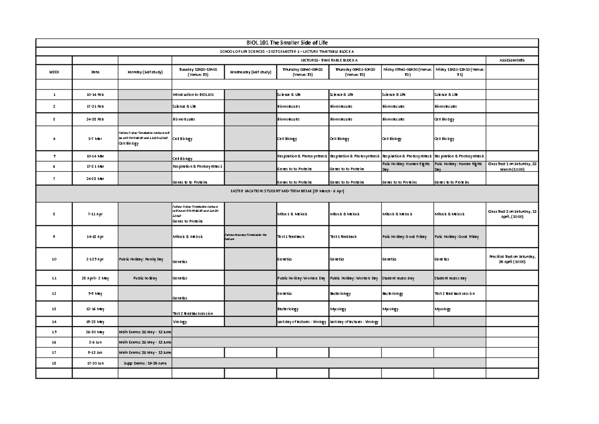 BIOL101W1 Lecture and Test schedule v1 2025 - ASSESSMENTS Tuesday 12h20 ...