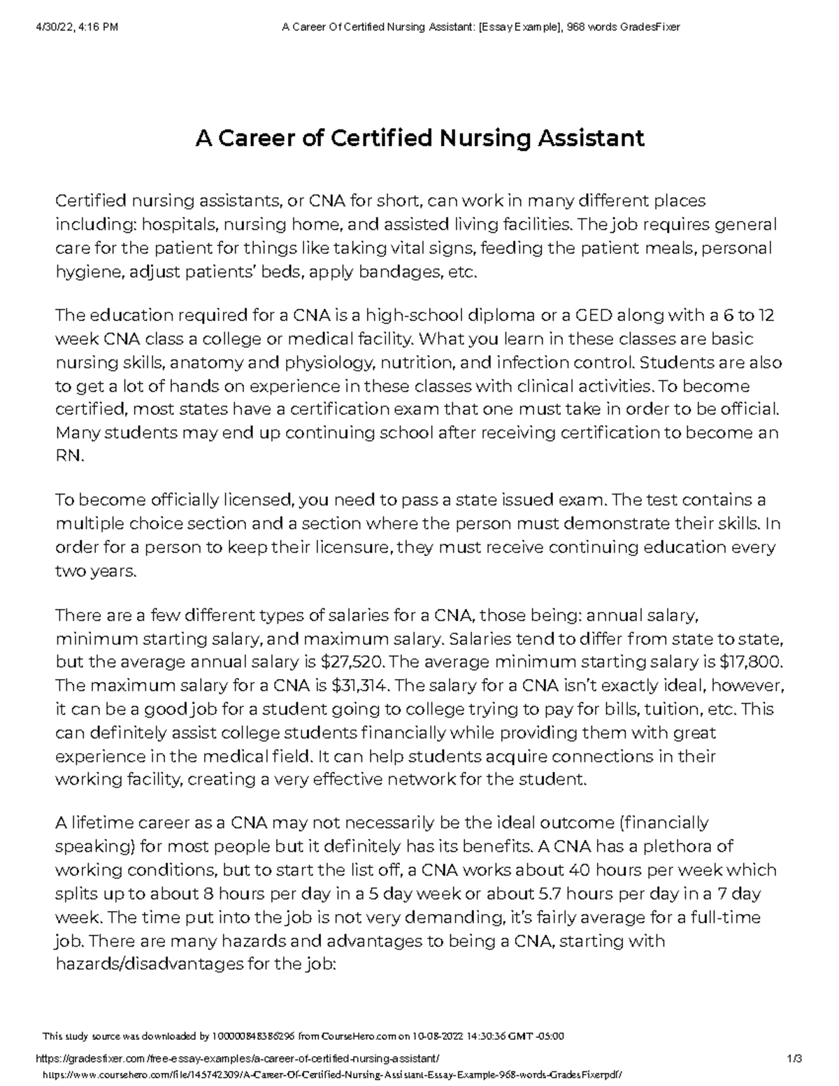 A Career Of Certified Nursing Assistant Essay Example 968 words Grades ...