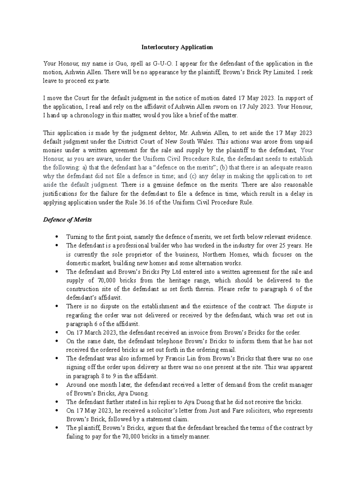 Civil Litigation (LAW101) Oral Assessment: Interlocutory Application ...