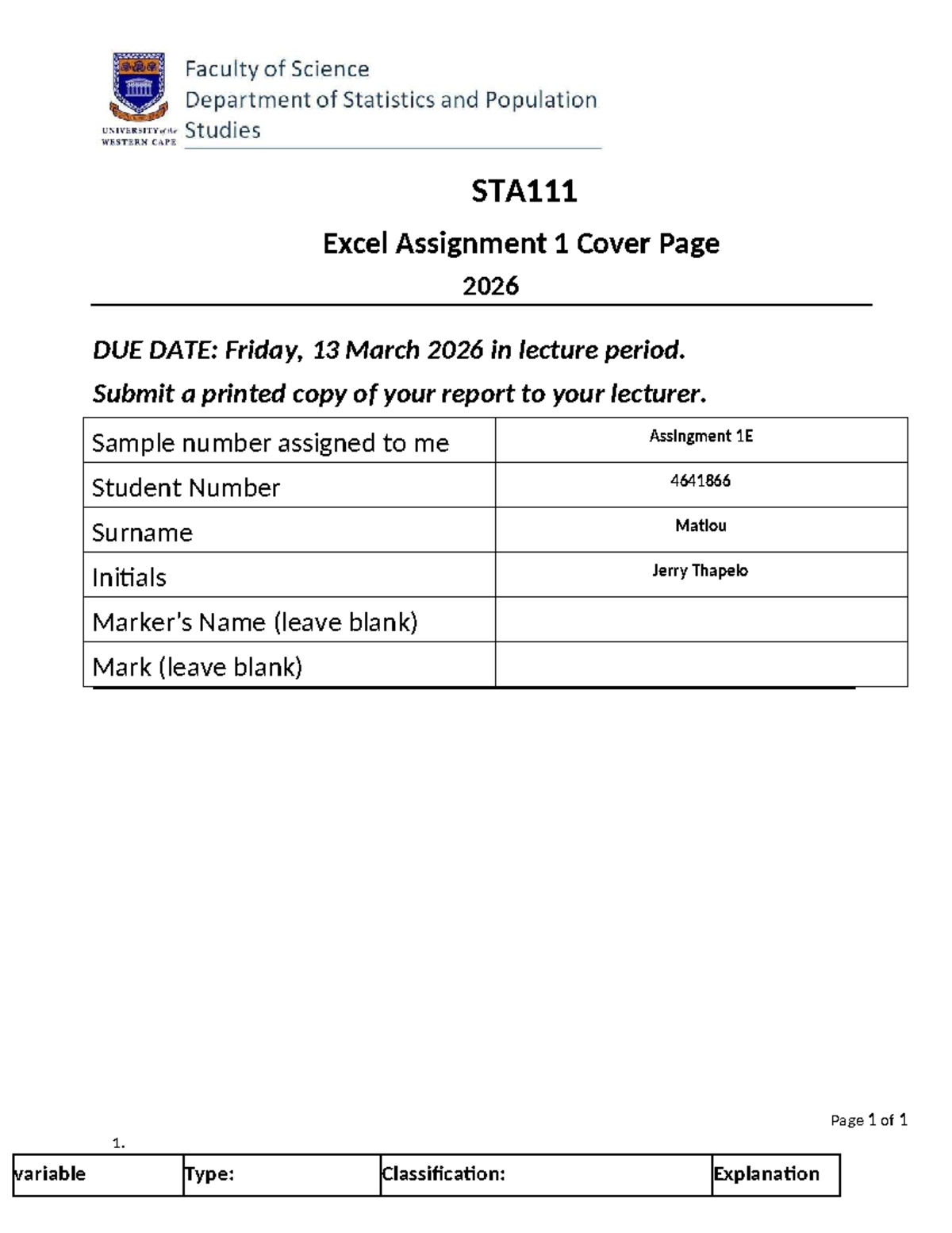 Excel Assignment 1 Cover Page 2026 - Submission Details - Studocu