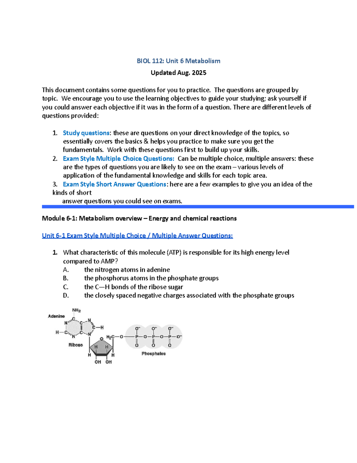 BIOL 112: Unit 6 Metabolism Practice Questions and Answers - Studocu