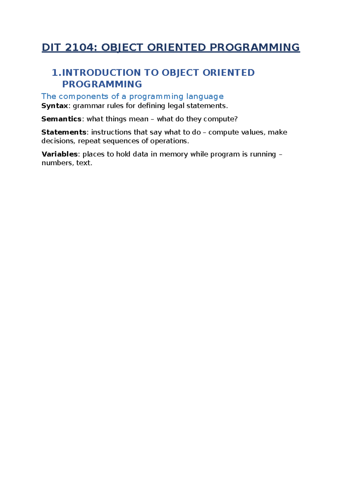 DIT 2104: OOP C++ - Comprehensive Lecture Notes on Programming Concepts ...