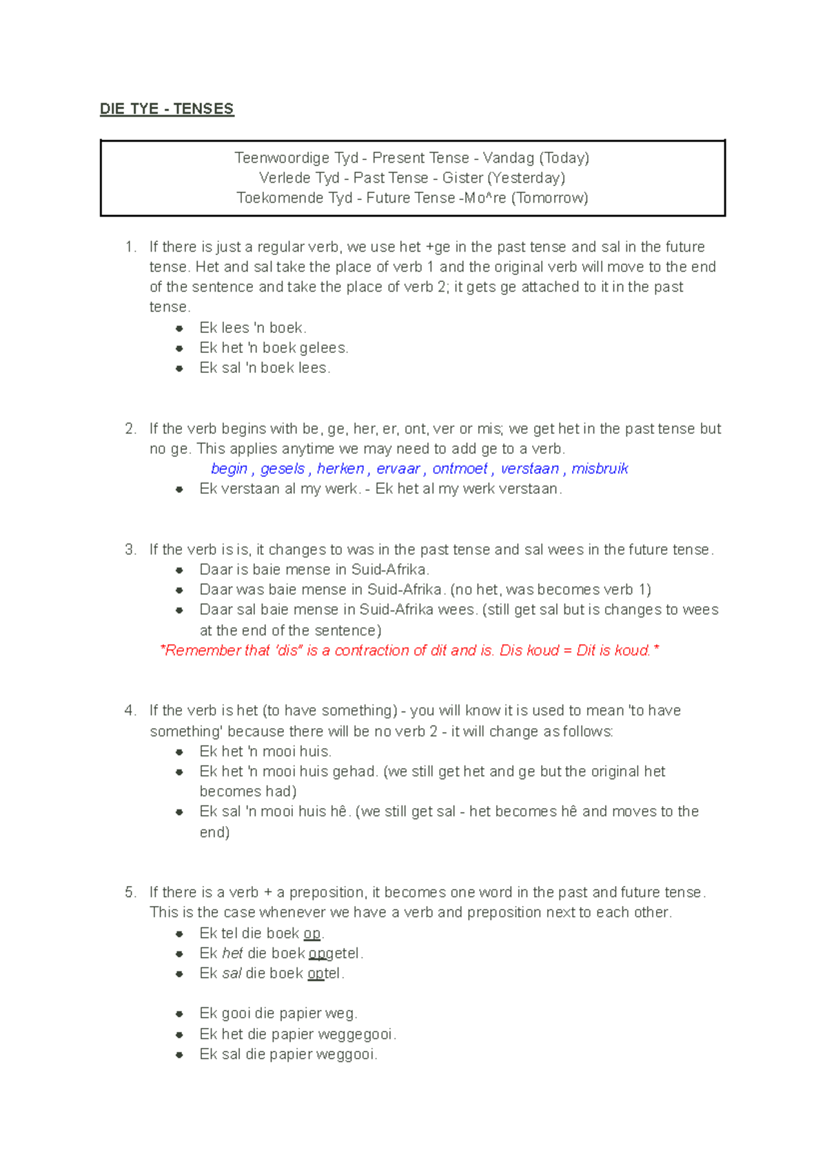 DIE TYE - Notes to help with taal - tye (tenses) - DIE TYE - TENSES ...