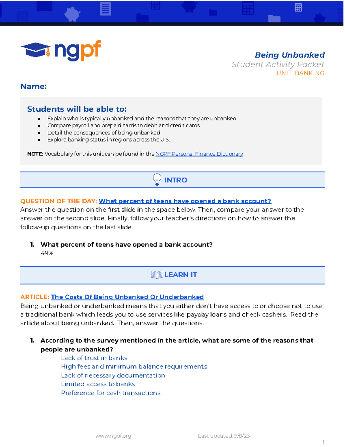 Being Unbanked: Student Activity Packet on Banking Concepts - Studocu