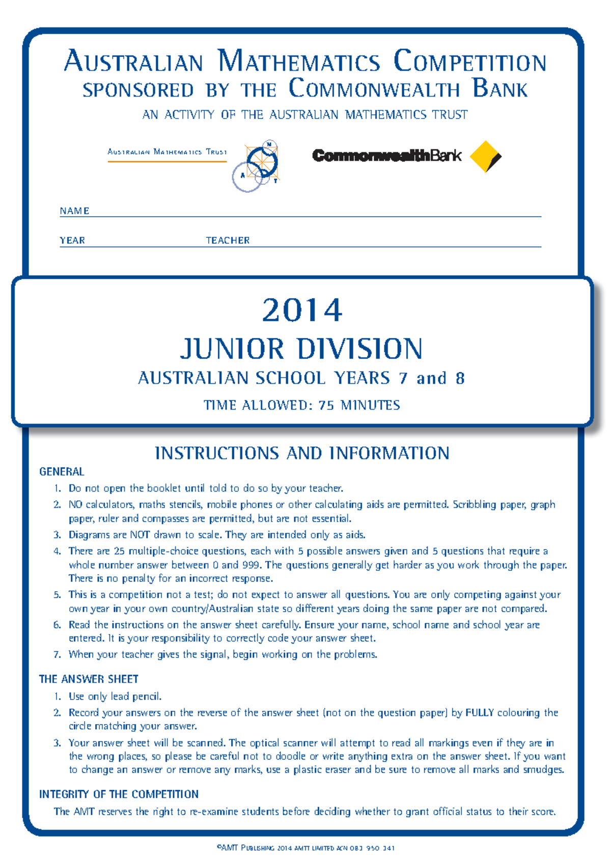 2014 AMC Junior - Australian Mathematics Competition Guide - Studocu