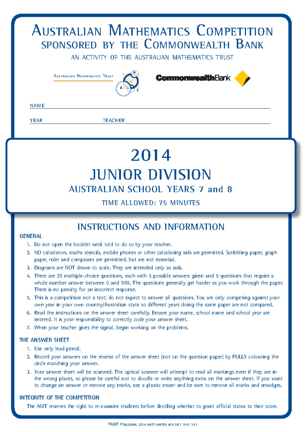 2013 Australian Mathematics Competition AMC Junior Years 7 and 8 ...