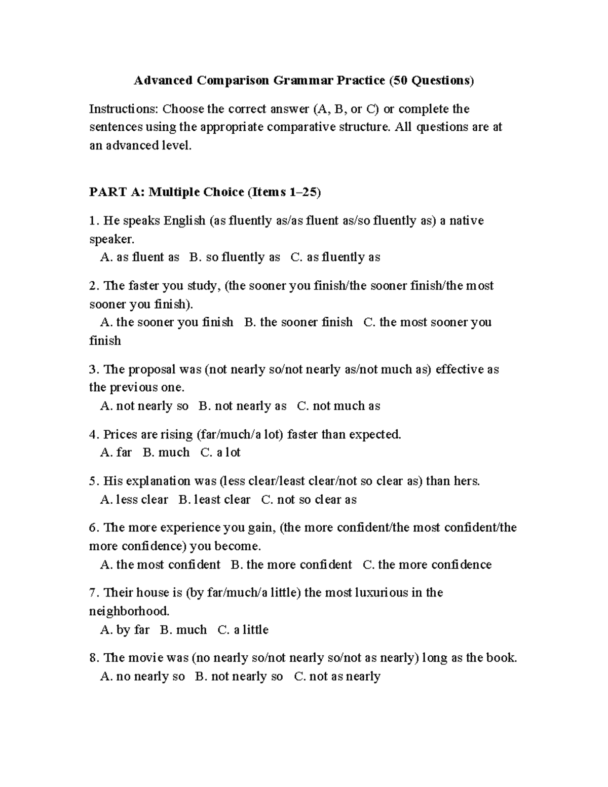 Advanced Comparison Grammar Practice (50 Qs) - Studocu