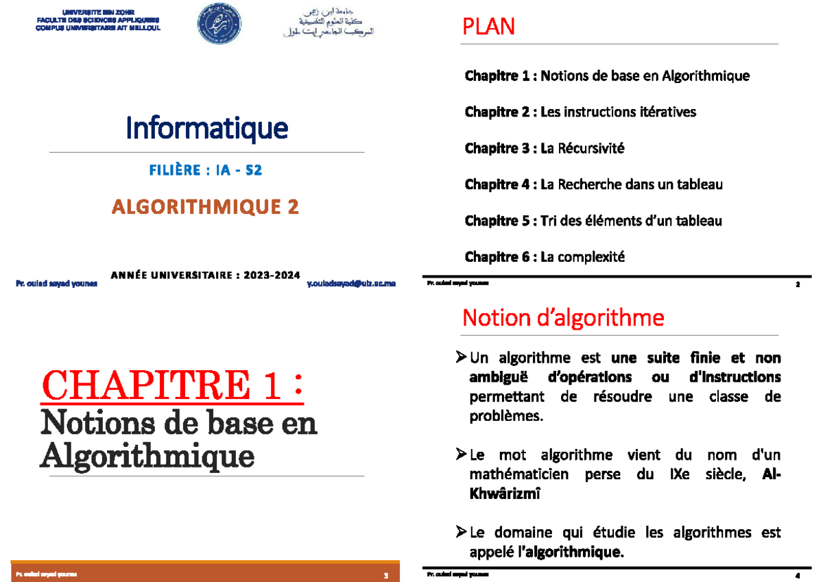 Cours d'Algorithmique 2 : Chapitres 1 et 2 - Notions et Instructions - Studocu