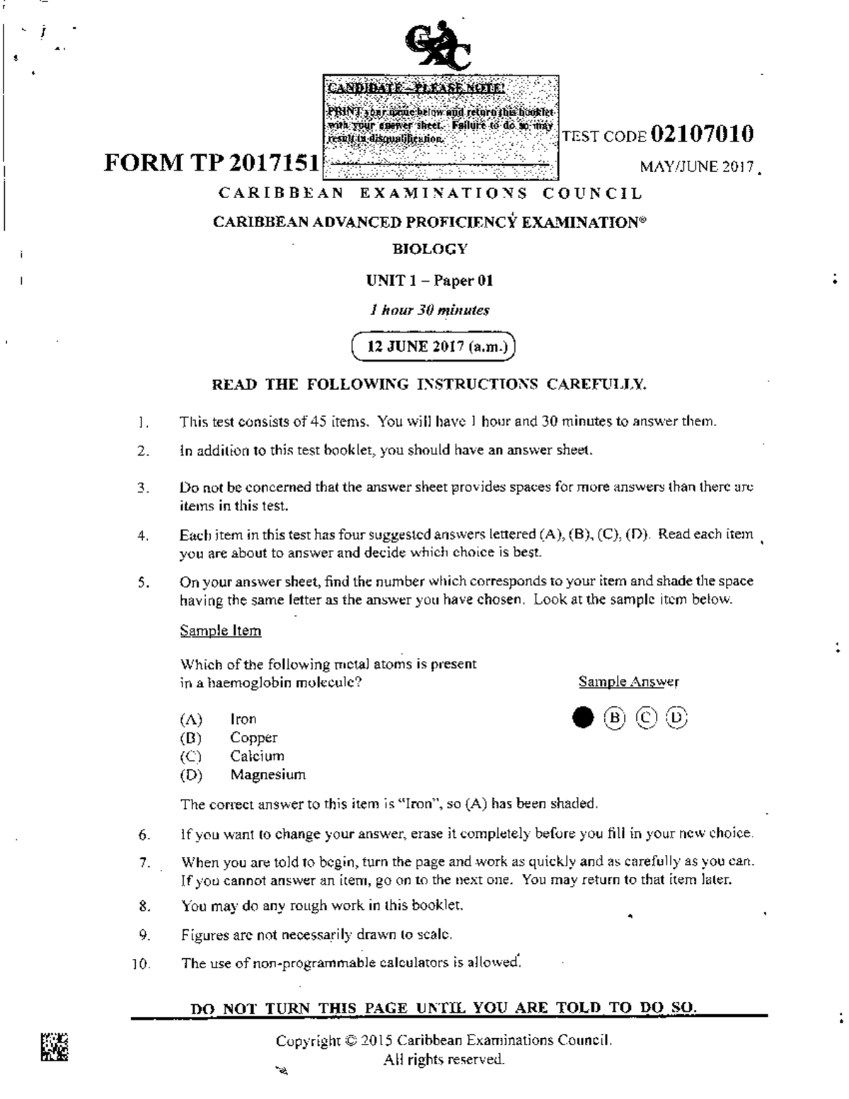 CAPE Biology 2017 Unit 1 Paper 1 - Caribbean Advanced Proficiency Exam ...