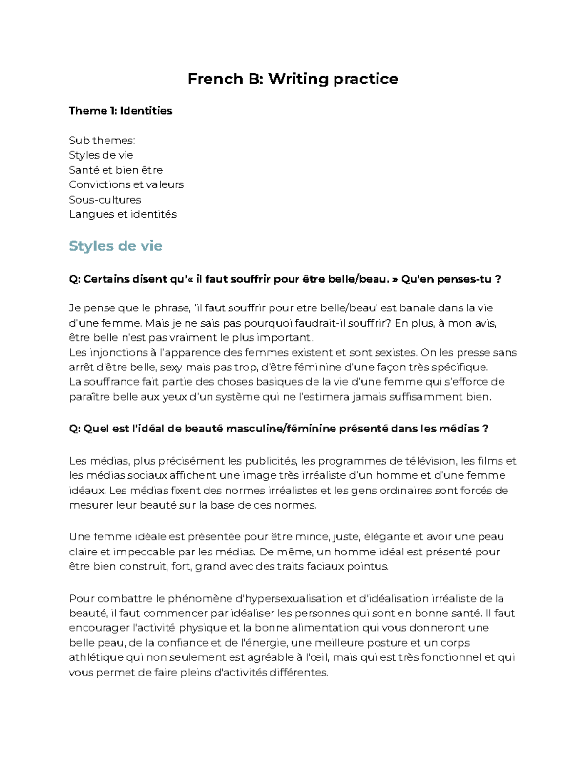 French B: Writing Practice Notes on Identities and Media Influence ...