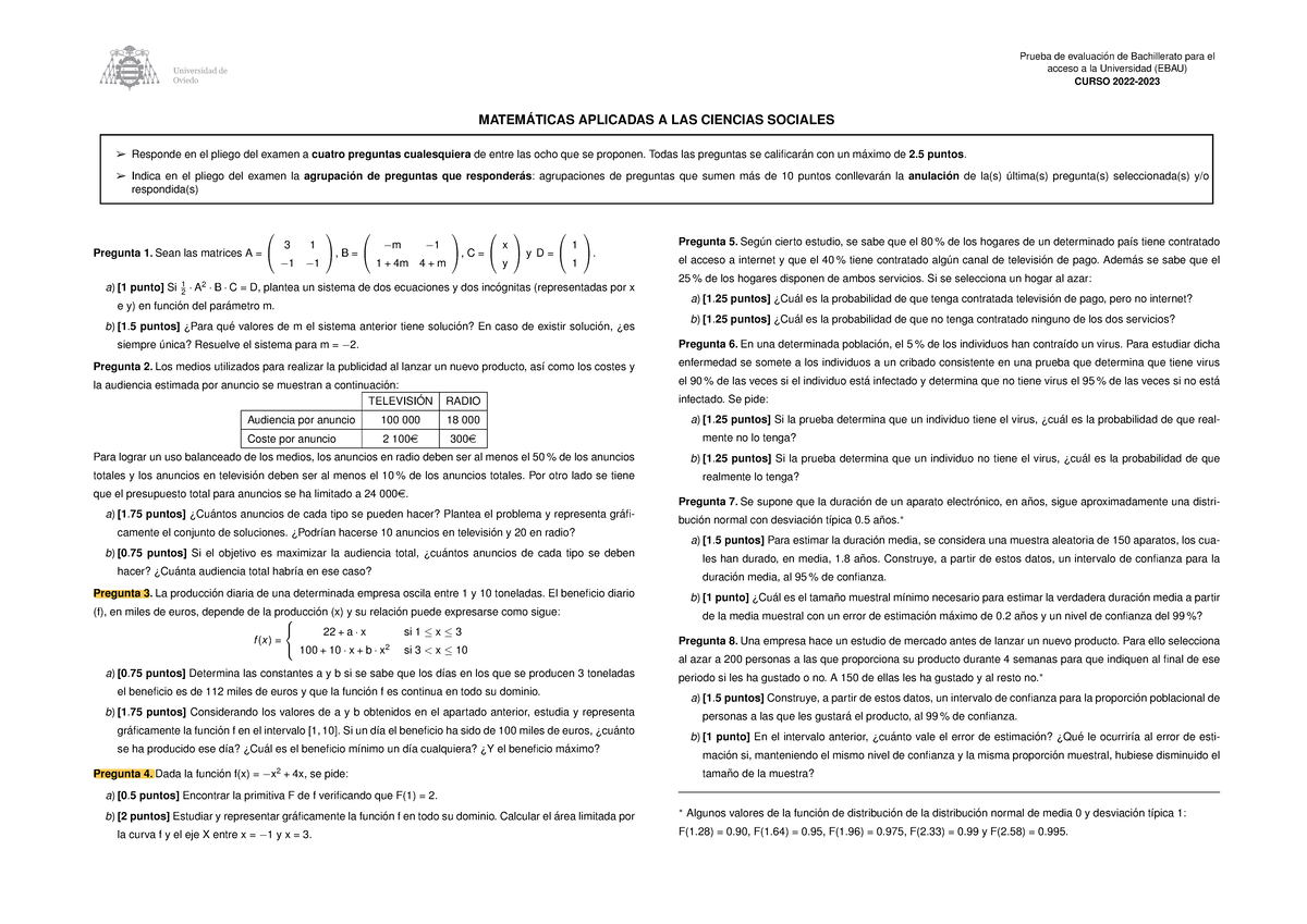 Examen Matem Ã¡ticas Aplicadas a las Ciencias Sociales de Asturias ...
