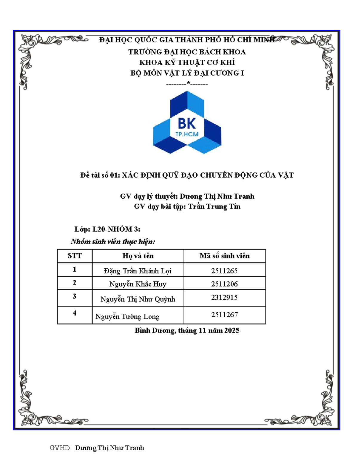 Báo cáo BTL Vật Lý 1 N03 L20: Xác định quỹ đạo chuyển động của vật ...