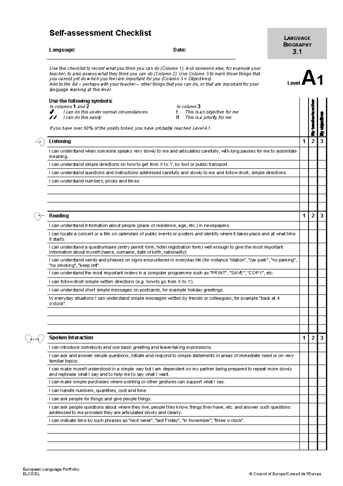 Self-Assessment Checklist for Language Levels A1-B2 - Studocu