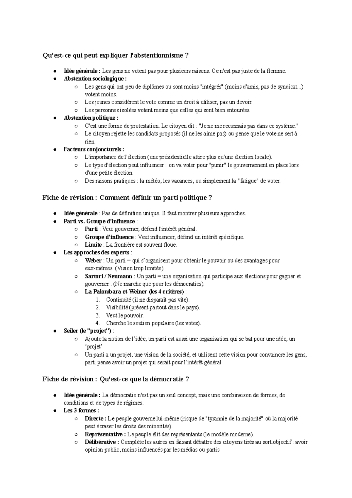 Mini Politique - Synthèse sur l'Abstention et le Fascisme - Studocu