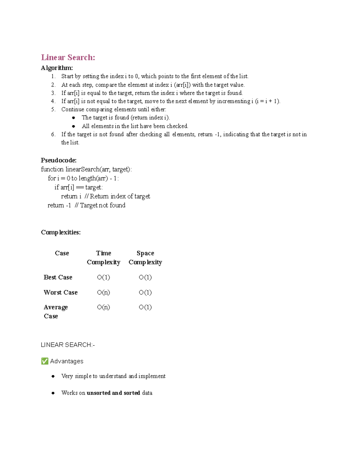 DS Algorithms - Linear, Binary, Bubble, Insertion, Selection Sort - Studocu