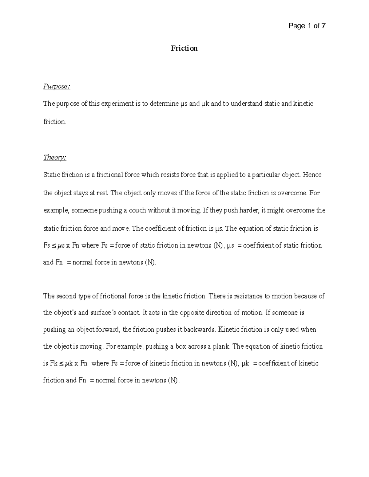 Friction Lab Report: Measuring μs and μk of Static and Kinetic Friction ...