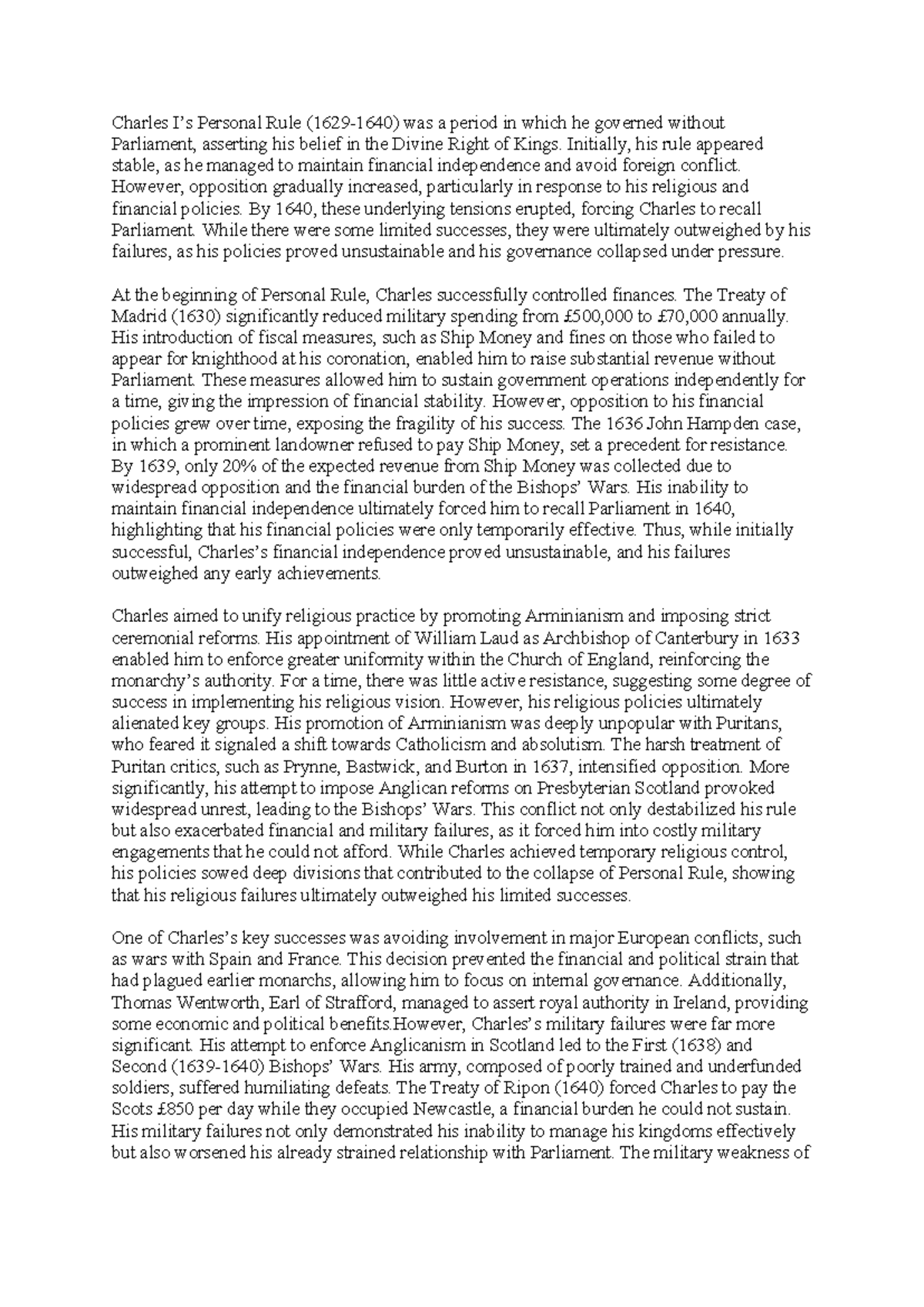 How Accurate is It to Say Successes of Charles I's Personal Rule (1629 ...