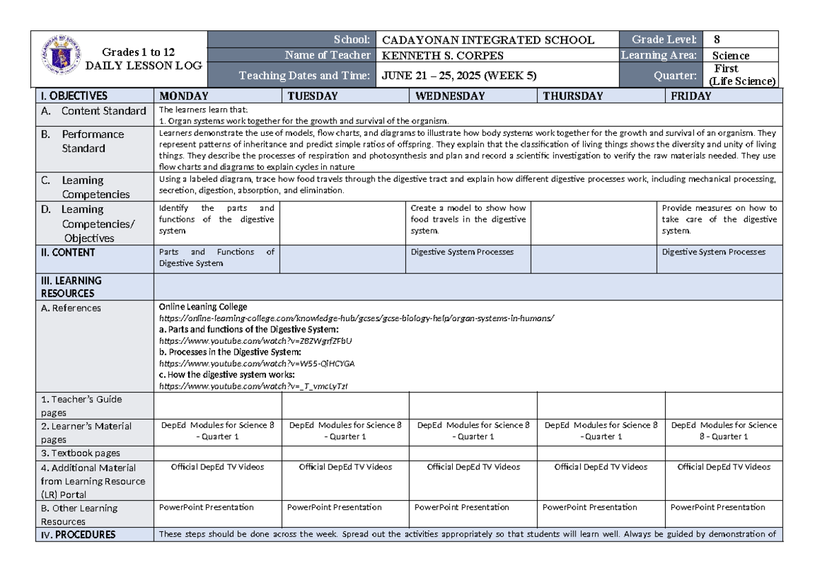 Daily Lesson Log (DLL) for Science 8 - Week 5 Activities - Studocu