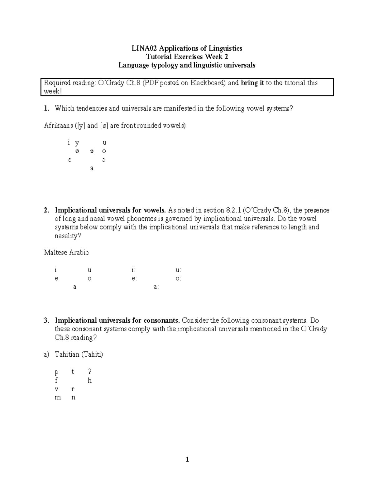 LINA02 Tutorial Exercises Week 2: Language Typology & Universals - Studocu