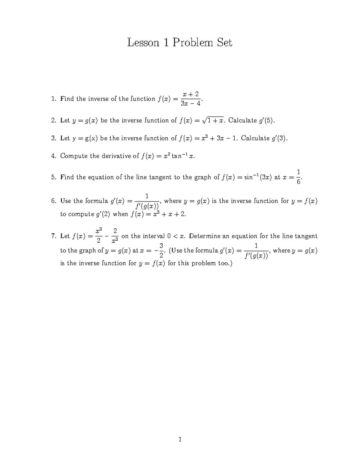 Math 166 Lesson 1 Inverse Functions Problem Set - Studocu