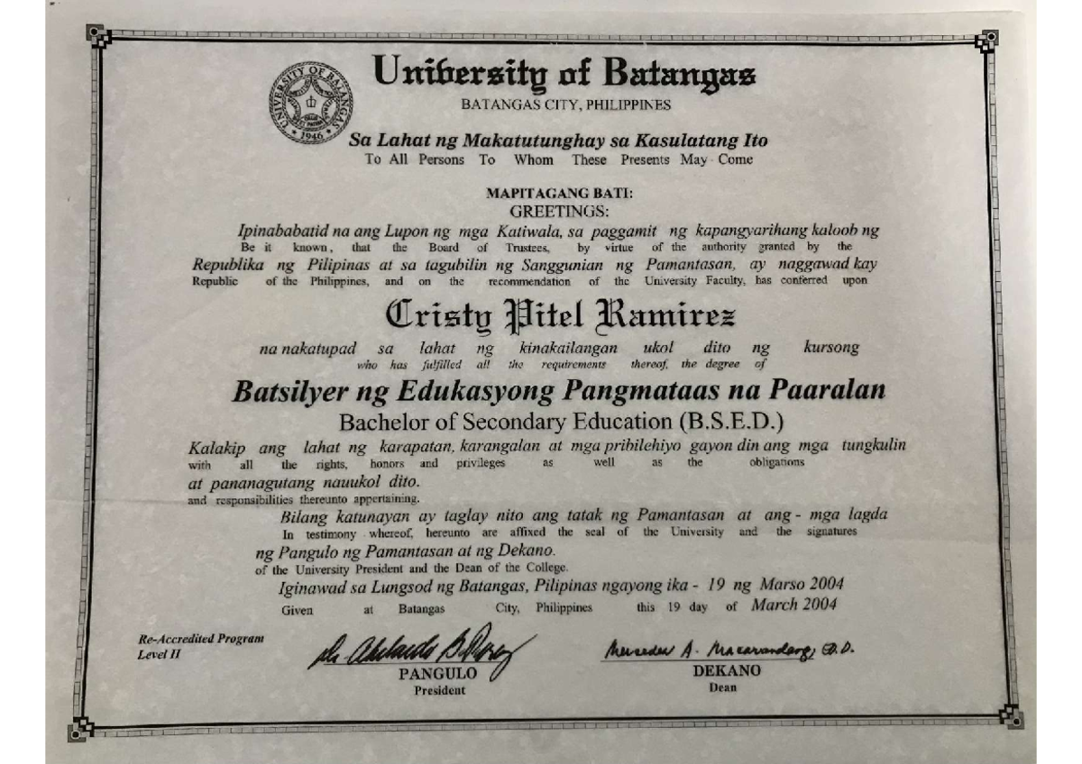 College Diploma and TOR for BSED - Cristy Pitel Ramirez - Studocu