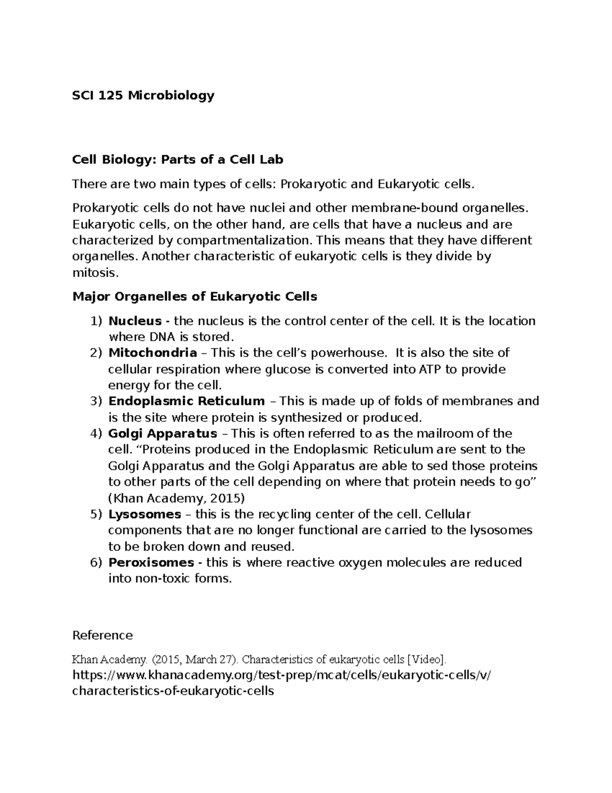 Parts of a Cell Lab - SCI 125 Microbiology Cell Biology: Parts of a ...