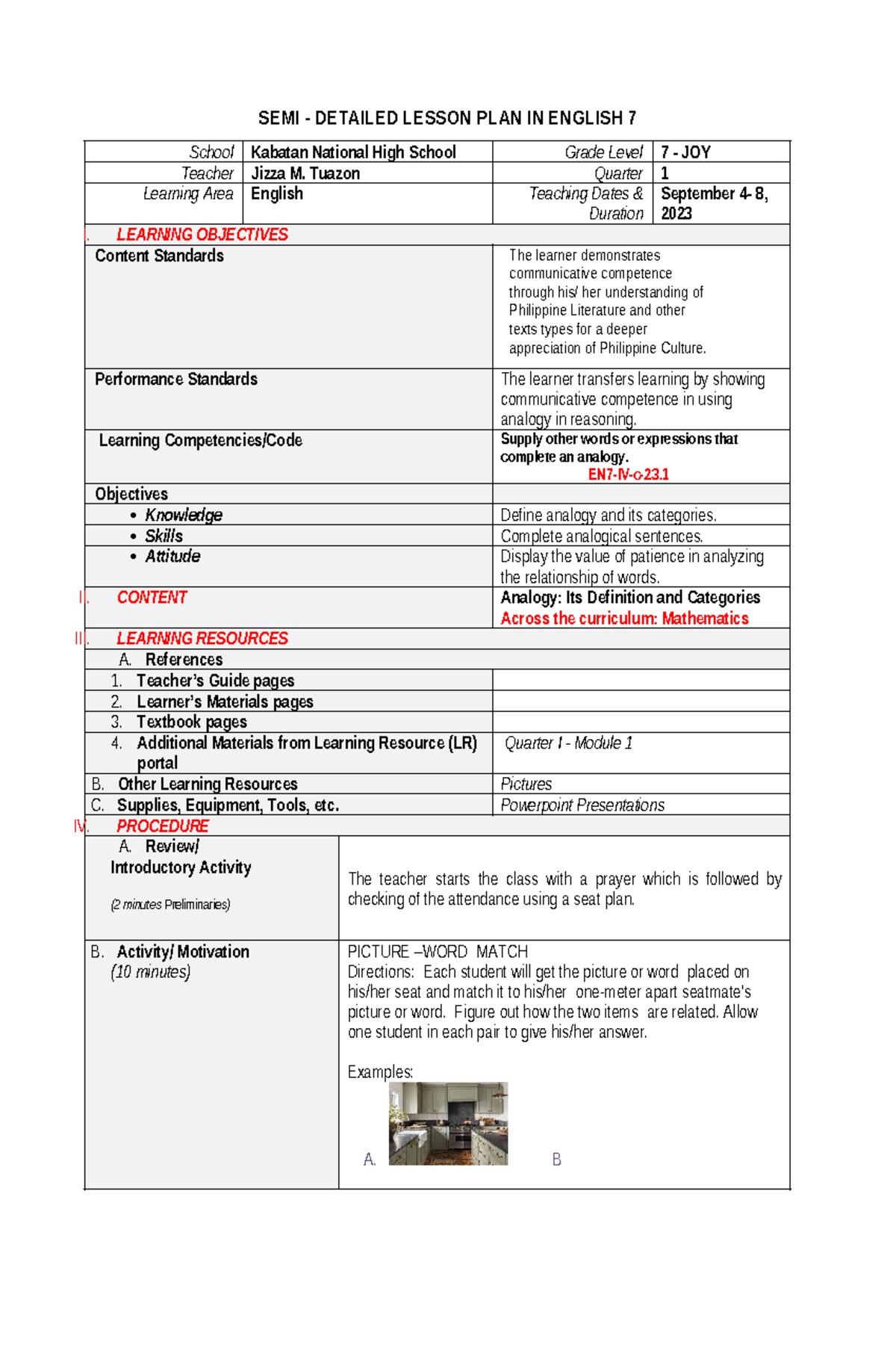 Detailed Lesson PLAN IN English 7 Q1 M1 - SEMI - DETAILED LESSON PLAN ...