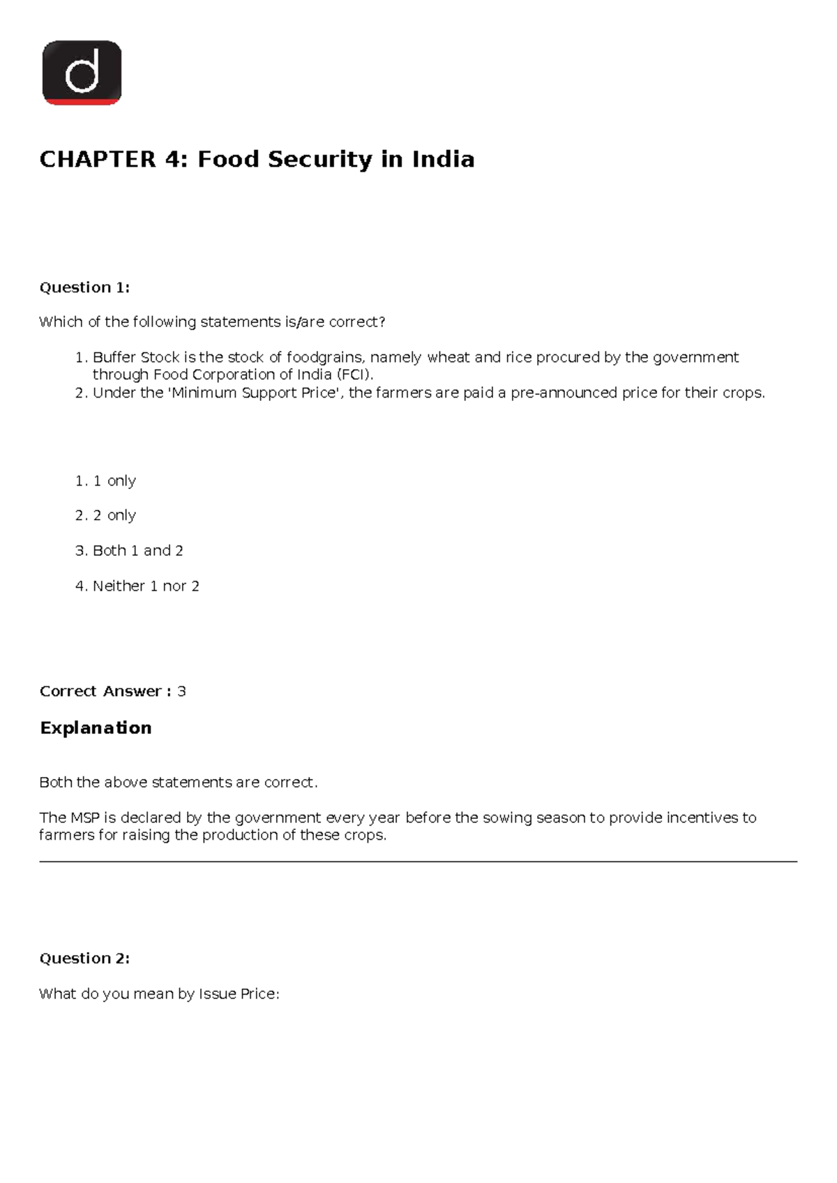 CHAPTER 4: Food Security in India - Key Questions & Answers - Studocu