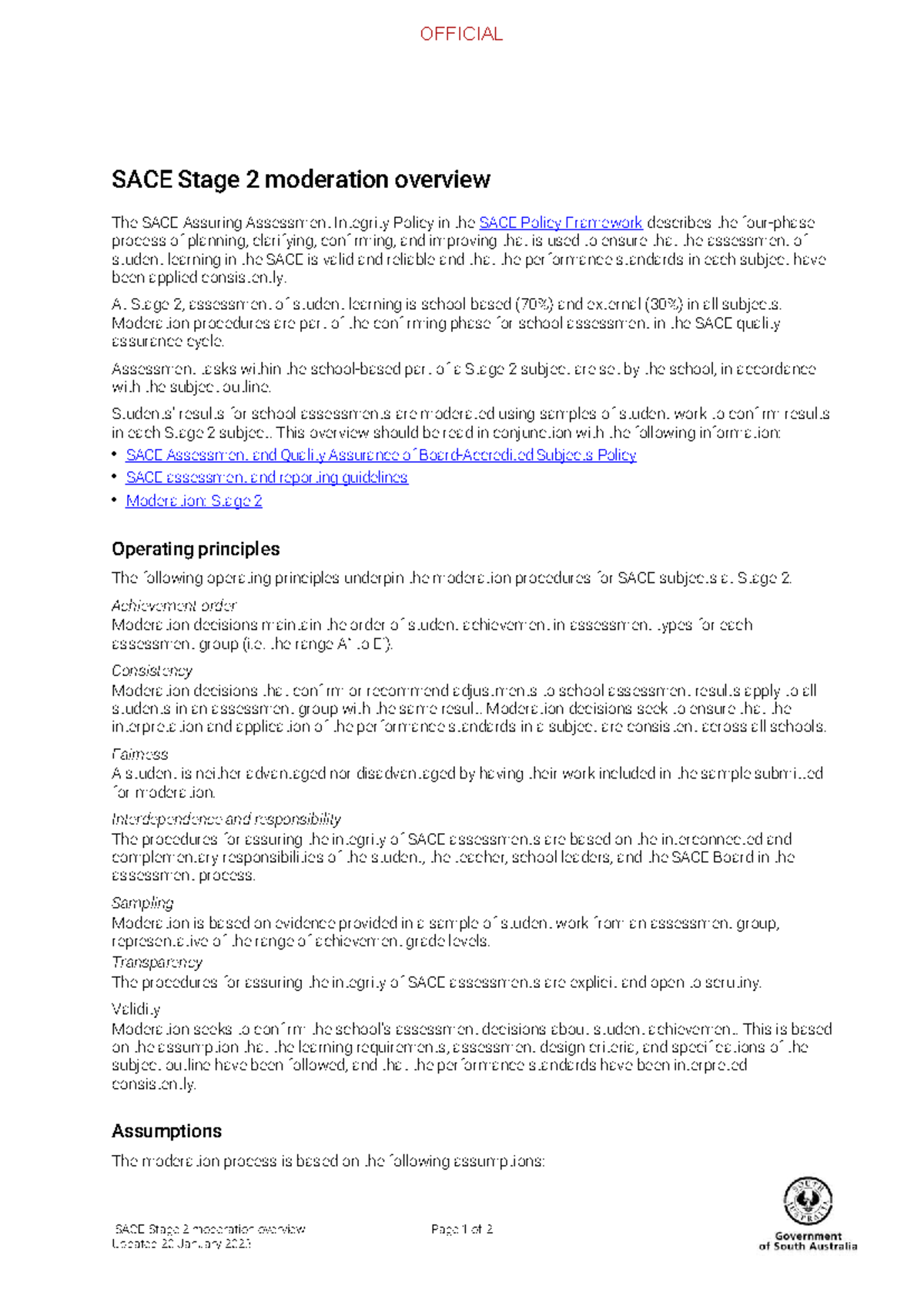 SACE Stage 2 Moderation Overview: Ensuring Assessment Integrity - Studocu