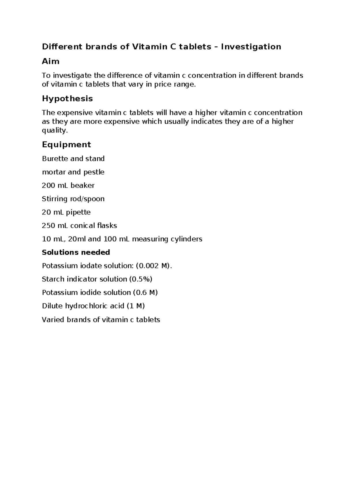 Investigation of Vitamin C Concentration in Various Brands - Studocu