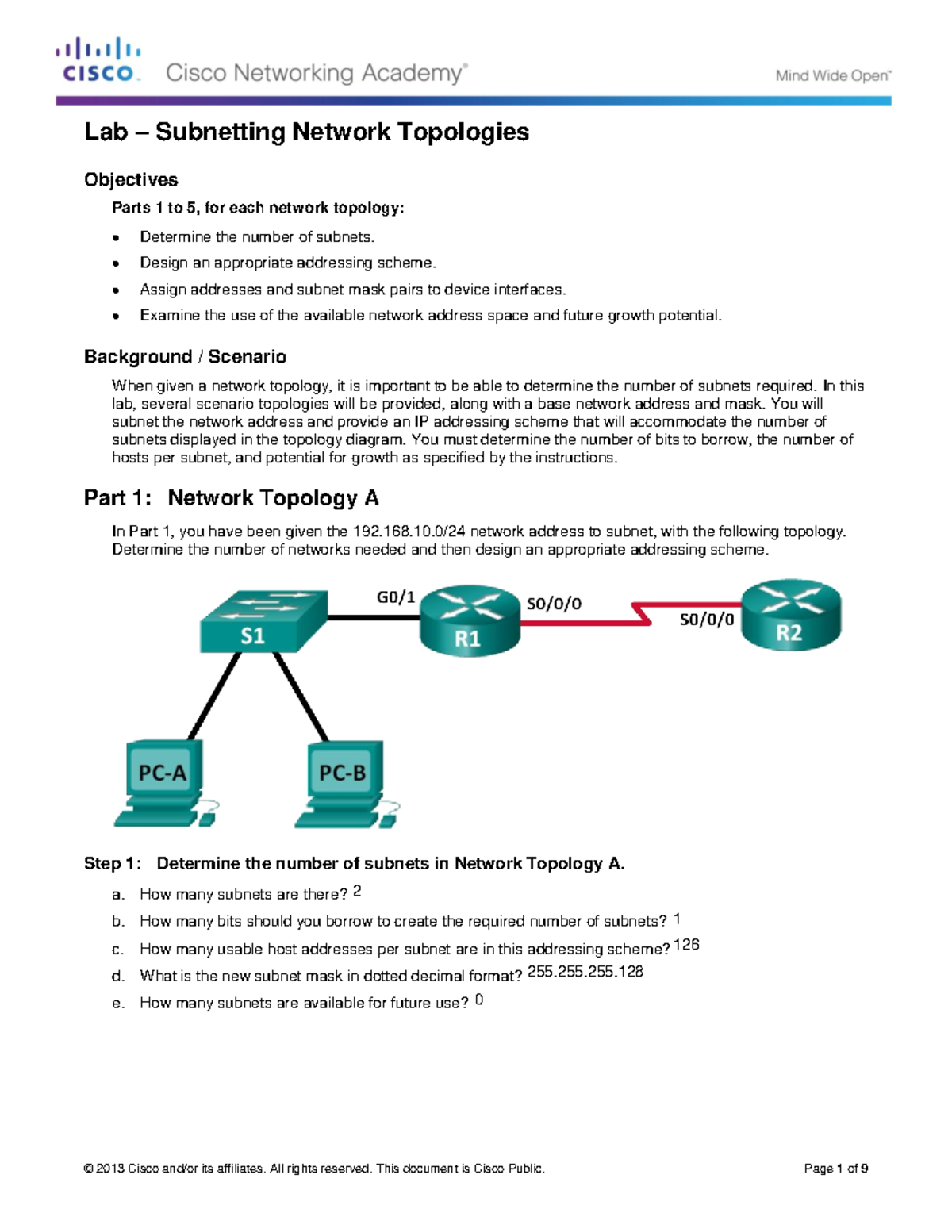 Lab Subnetting Network Topologies: Objectives & Addressing Schemes - Studocu