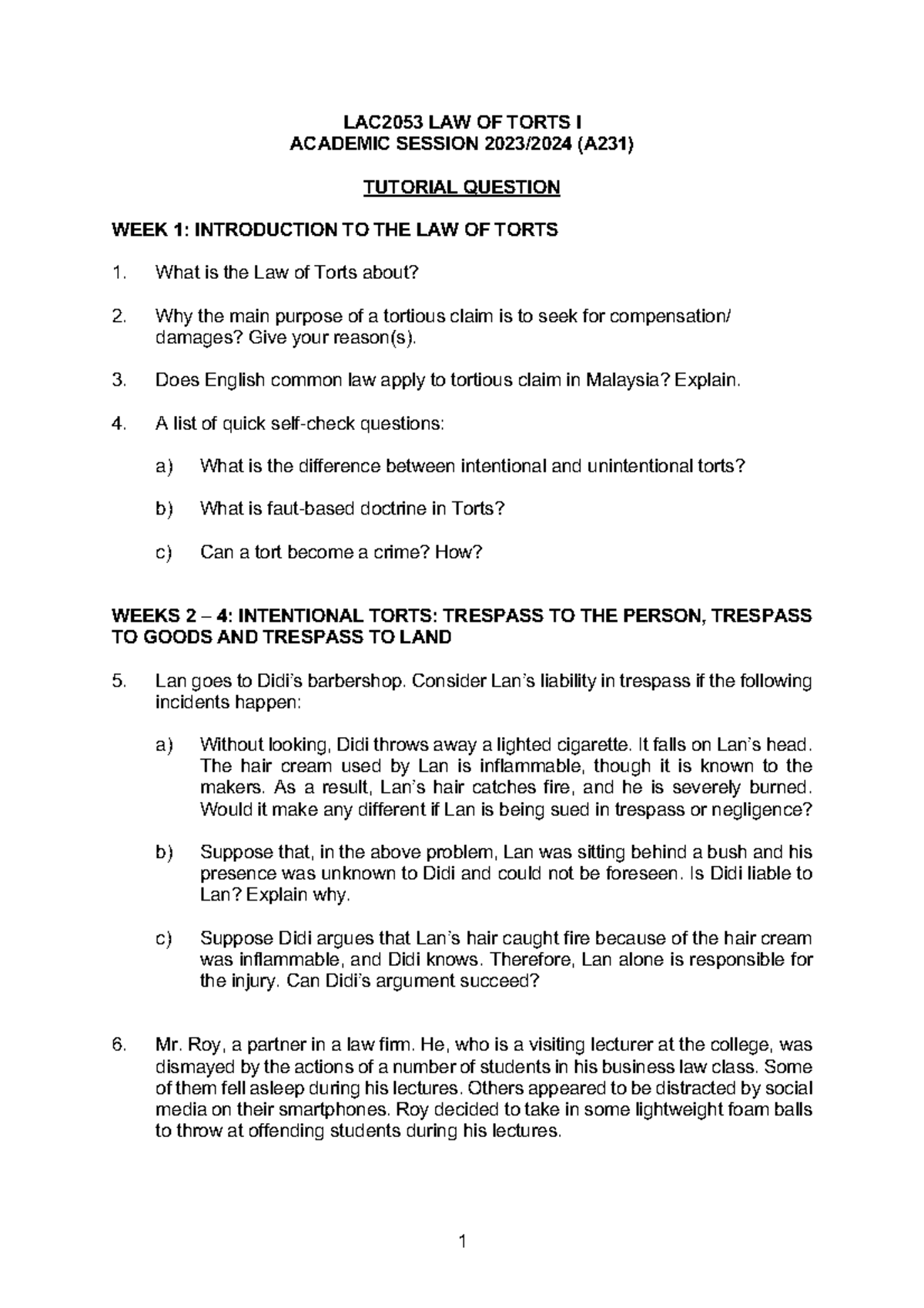 LAC2053 Tutorial Questions on Tort Law Concepts and Cases - Studocu